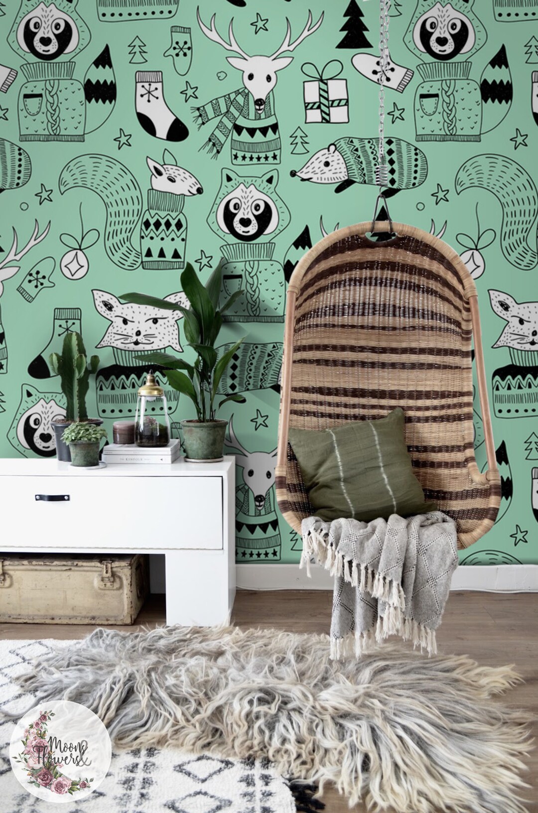 Scandinavian Zoo Wall Decor, Watercolor Wall Mural, Animals Removable ...