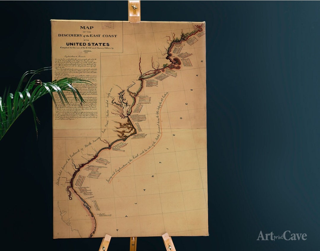 Old Map of Discovery of the East Coast USA Cotton Canvas, Digital Print ...