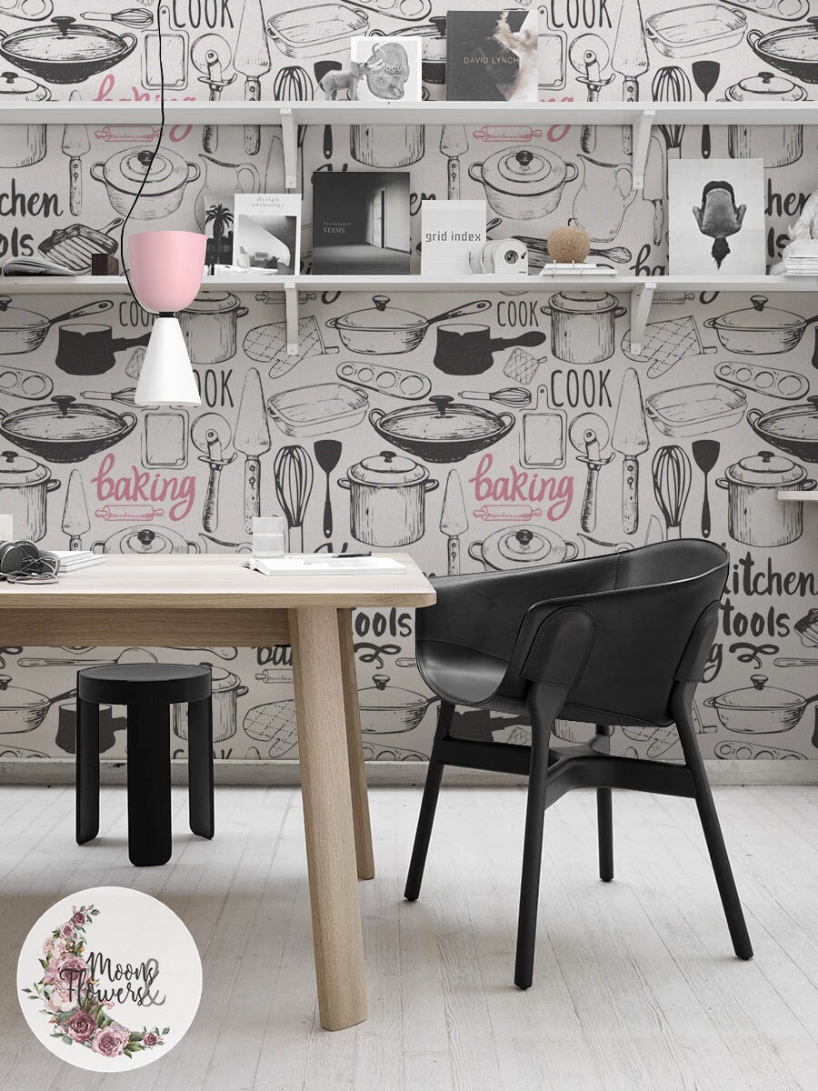 Kitchen Set Removable Wallpaper, Pots Wall Mural, Pans Wall Decor, Peel ...