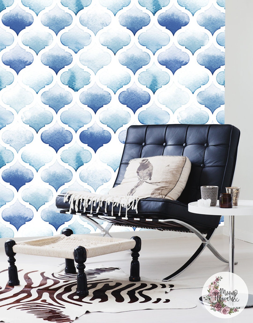 Moroccan Wall Mural, Geometric Wall Decor, Blue Removable Wallpaper ...