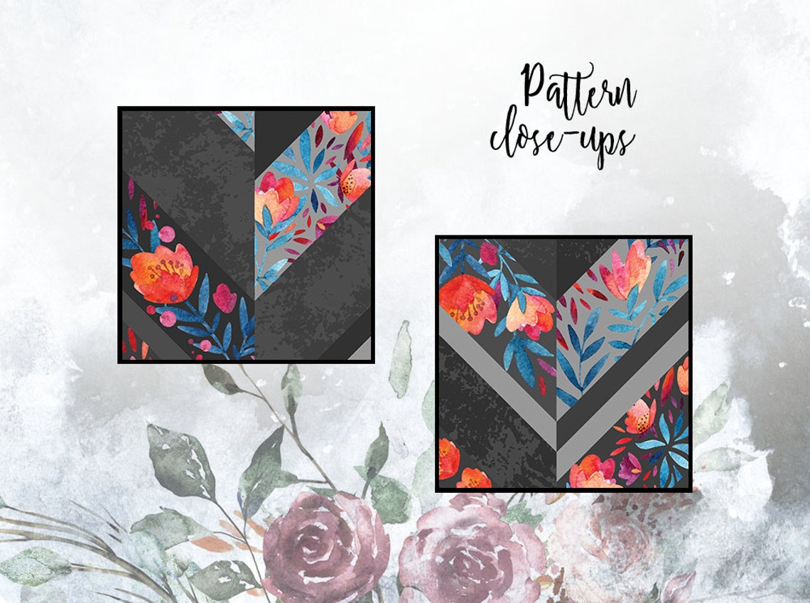 Chevron Retro Flowers Wall Decor, Watercolor Wall Mural, Leaves ...