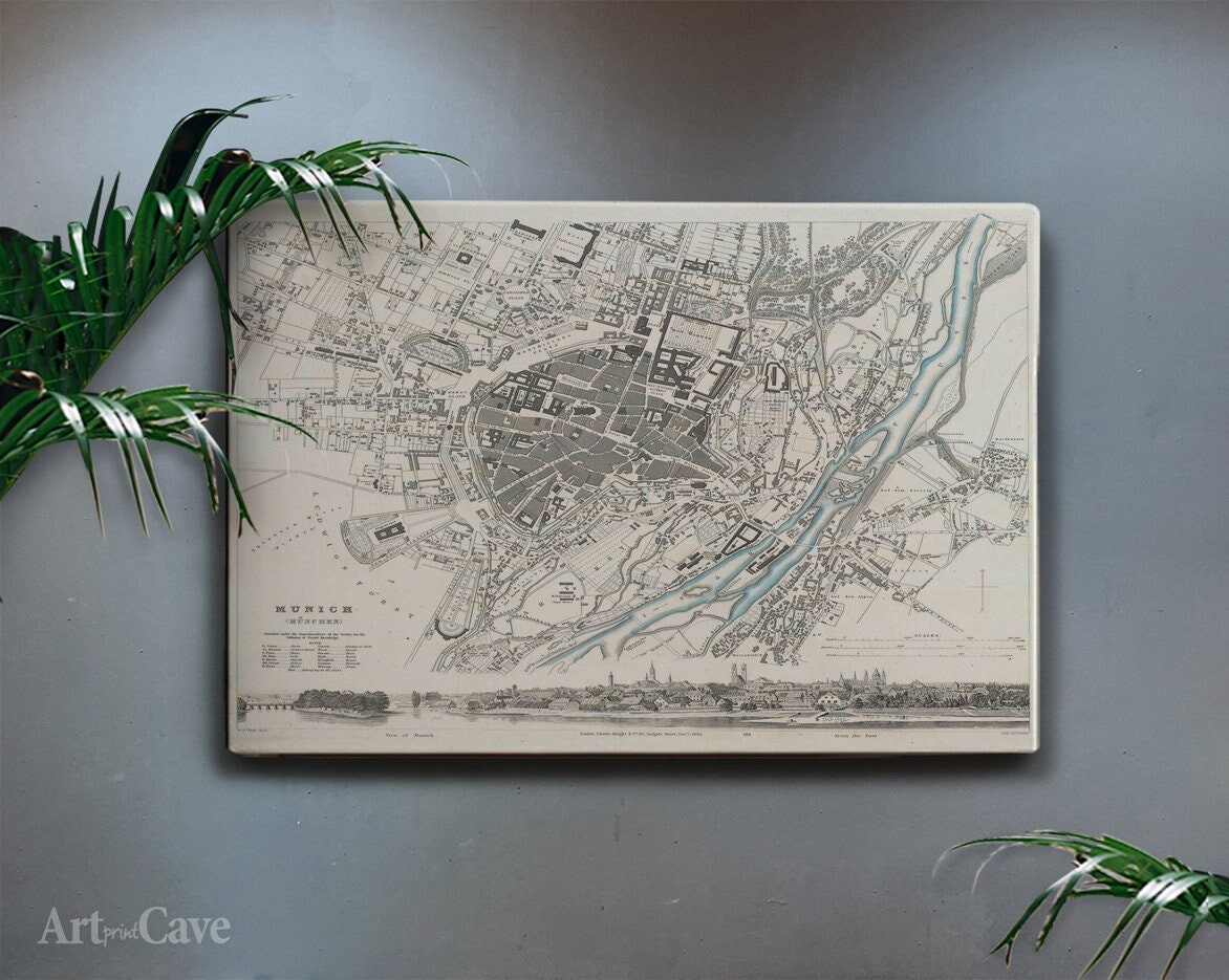 Old Map of Munich With Concave Germany 1832 Cotton Canvas, Digital ...