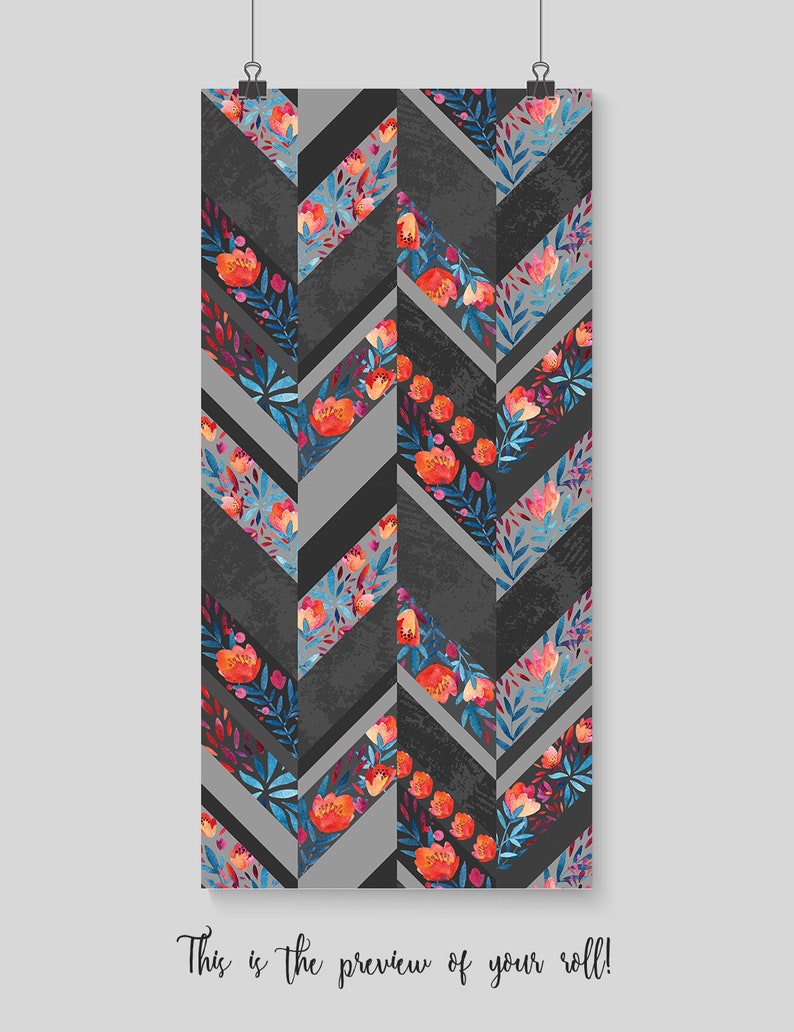 Chevron Retro Flowers Wall Decor, Watercolor Wall Mural, Leaves ...