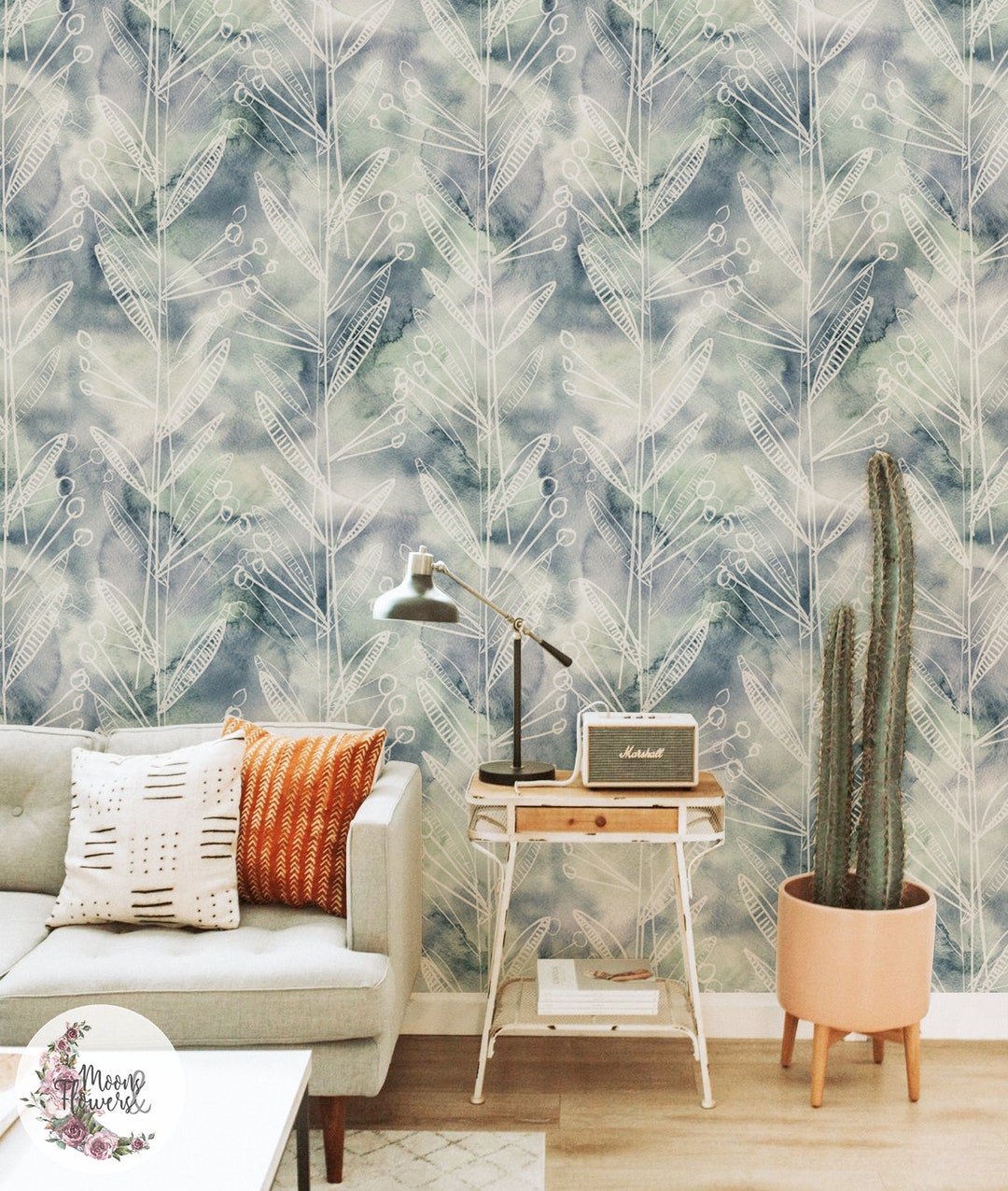 Abstract Plants Removable Wallpaper, Watercolor Wall Mural, Leaves Wall ...