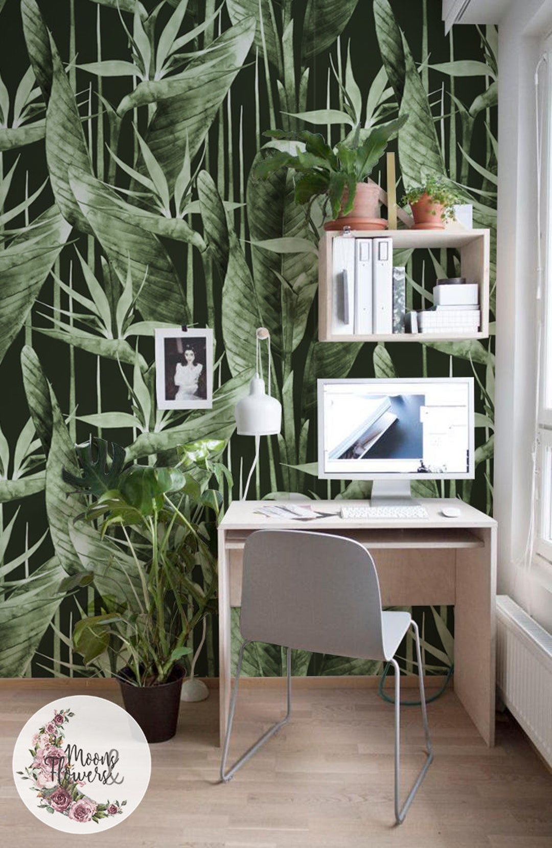 Dark Jungle Removable Wallpaper, Watercolor Wall Mural, Leaves Wall ...