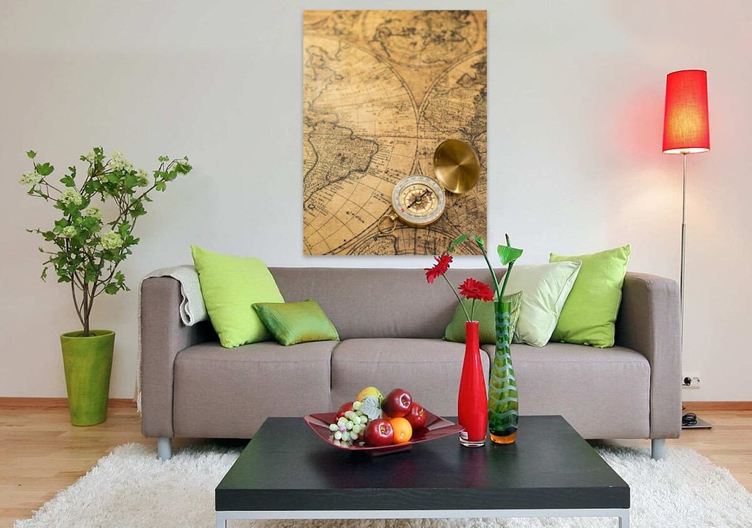 Retro Map Compass Wall Art, Canvas Print, Printable, Home Decor, Map ...