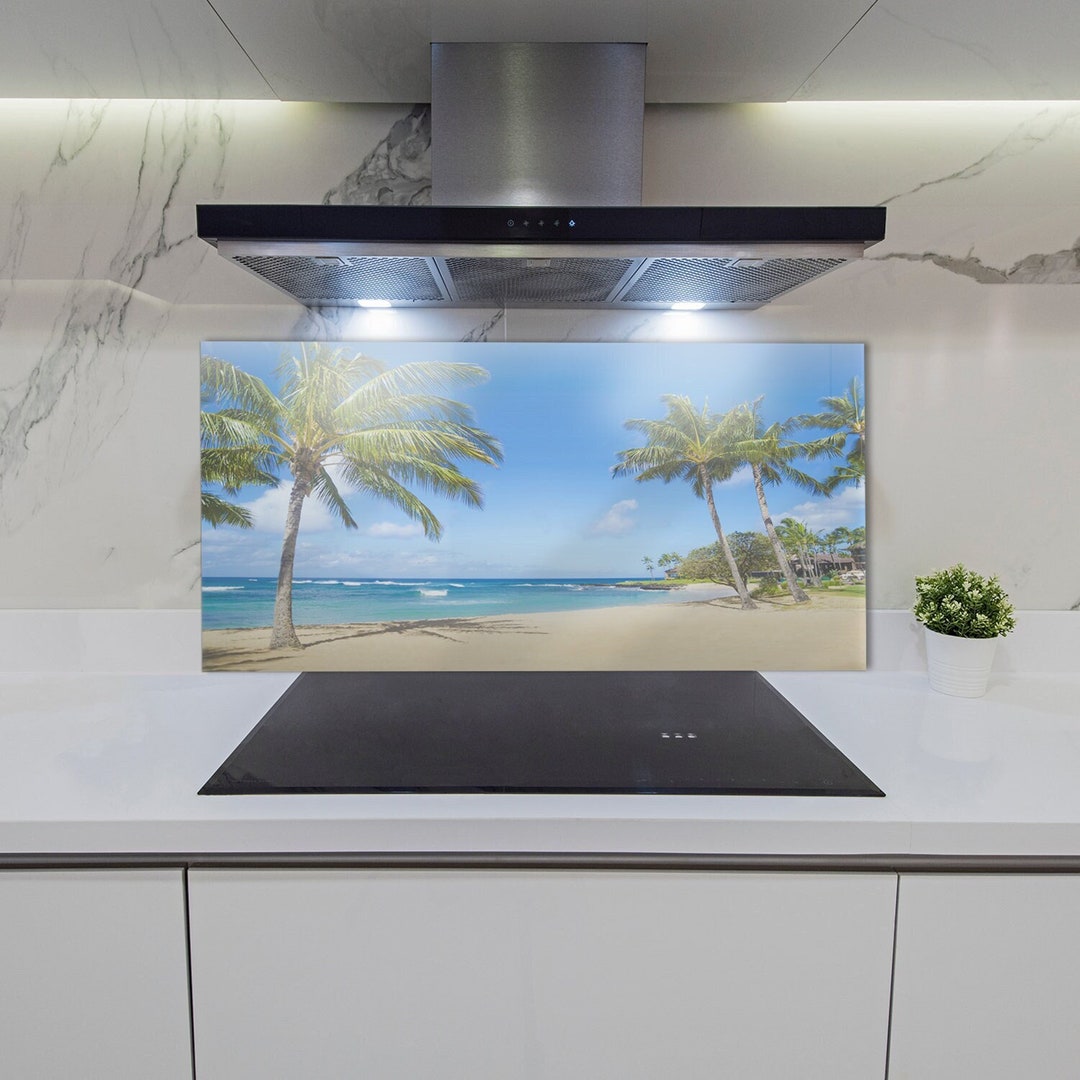 Kitchen Glass Panel, Wall Protector, Tropical Beach Splashback, Green ...