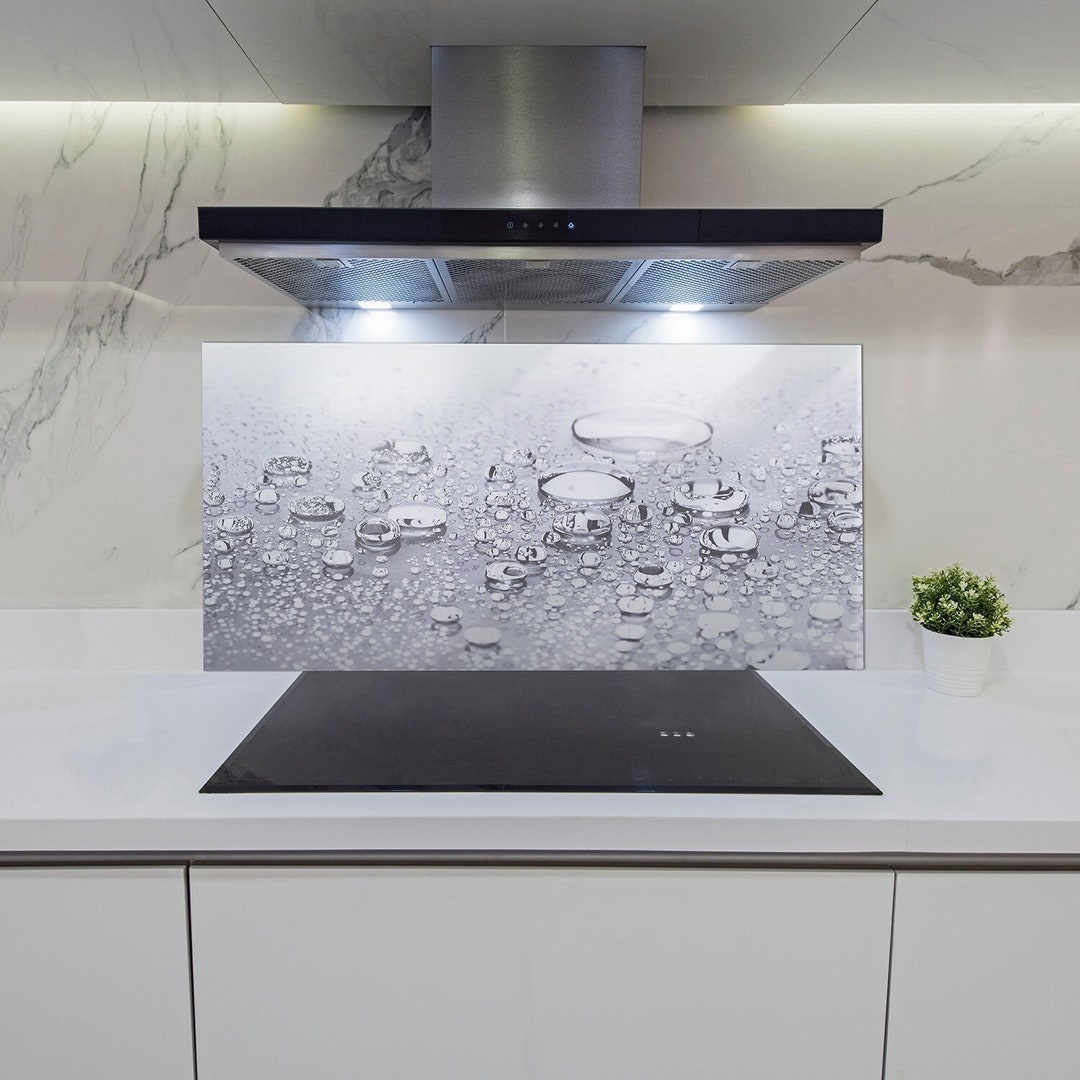 Kitchen Glass Panel, Wall Protector, Drops of Water Backsplash, Silver ...