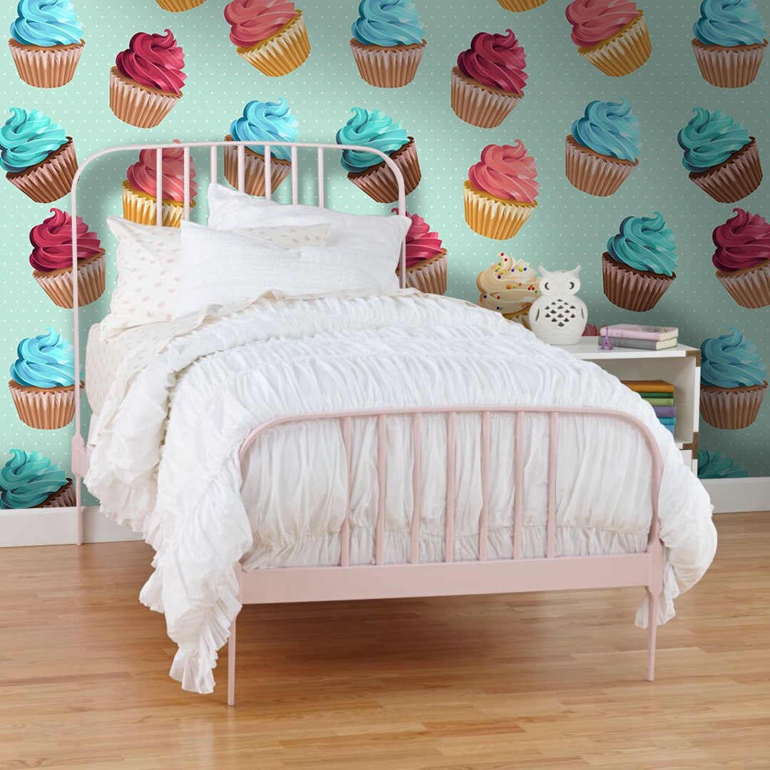 Charming Wallpaper Removable Mural, Cupcakes Removable Wallpaper Blue ...