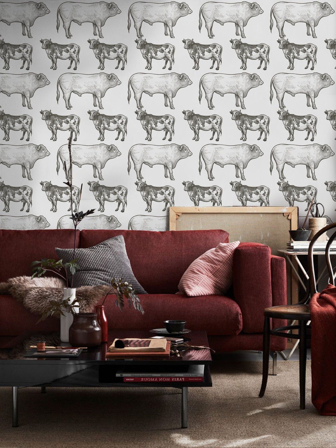 Charming Wallpaper Removable Mural, Rural Cows Removable Wallpaper ...