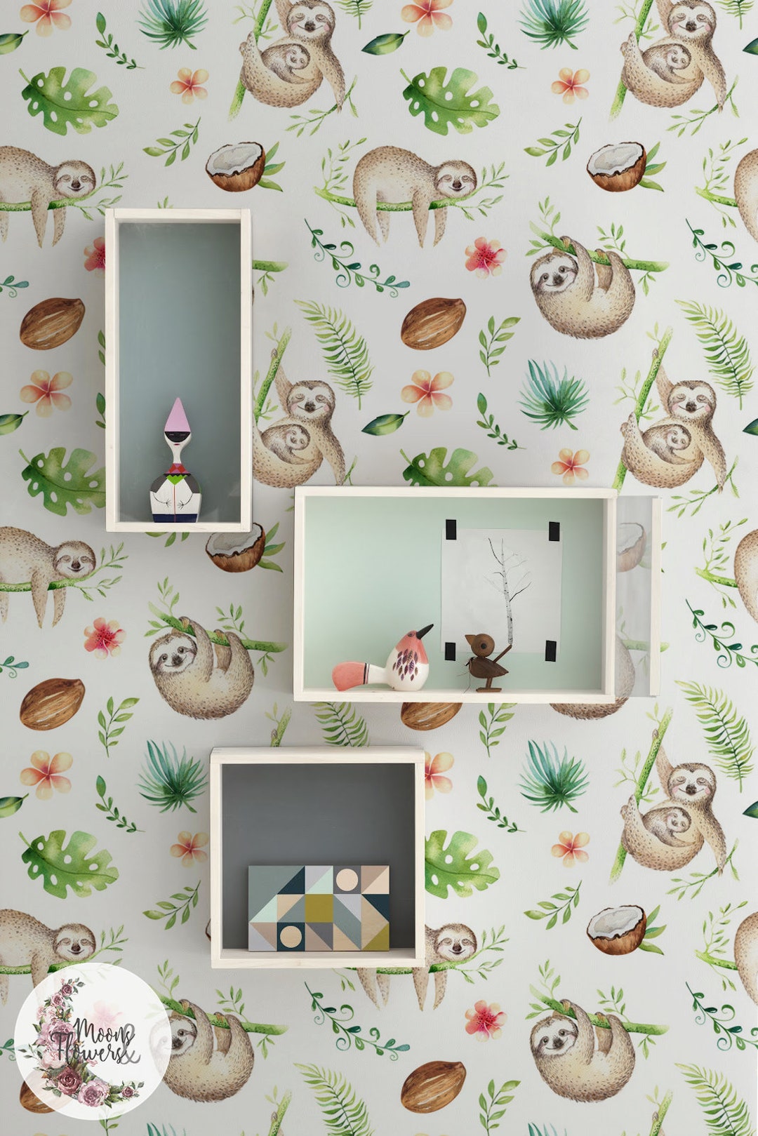 Sloth Removable Wallpaper, Animals Wall Mural, Leaves Wall Decor, Peel ...