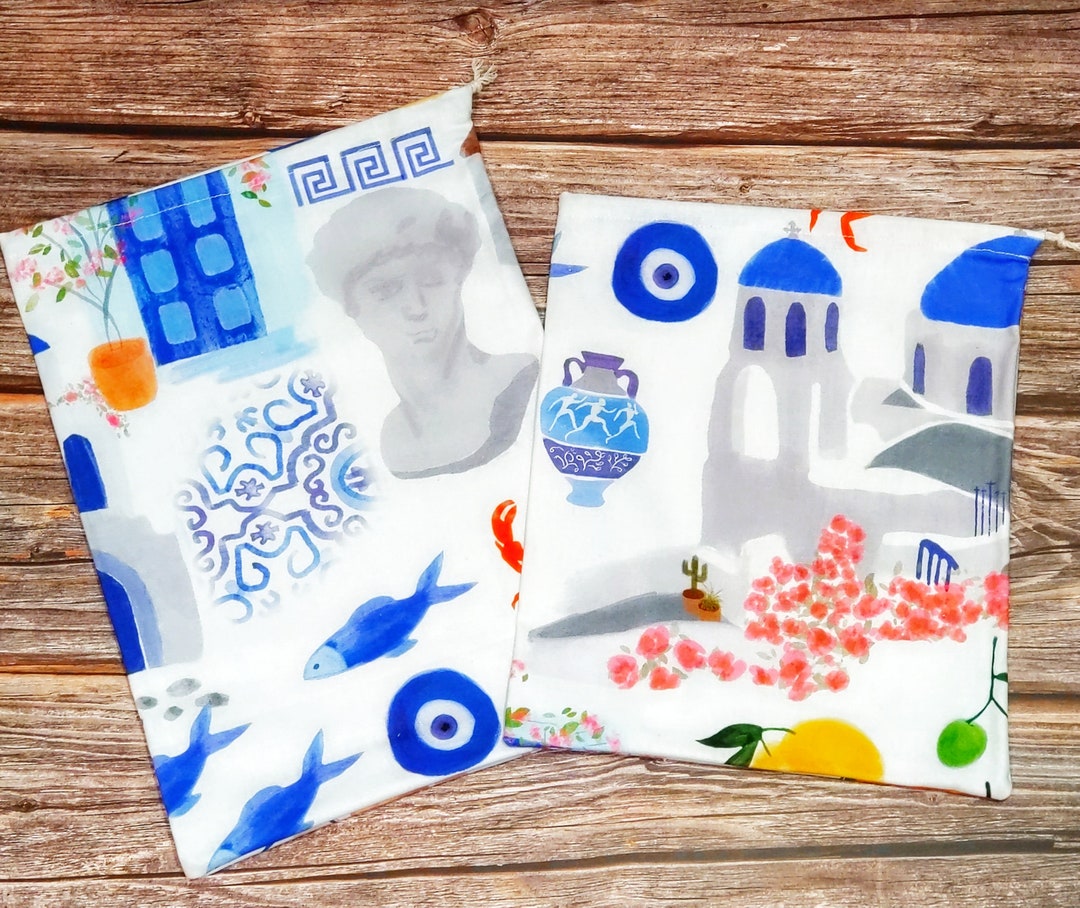 Reusable Gift Bags, Santorini , Greece Drawstring Fabric Bags - Etsy
