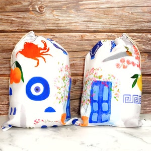 Reusable Gift Bags, Santorini , Greece Drawstring Fabric Bags - Etsy