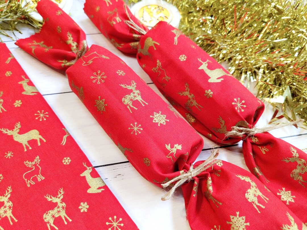 Six Reusable Fabric Christmas Crackers, Red and Gold Reindeer Bonbons ...