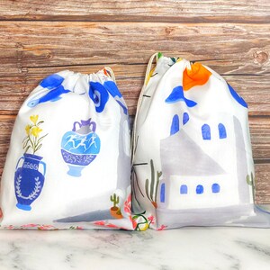 Reusable Gift Bags, Santorini , Greece Drawstring Fabric Bags - Etsy
