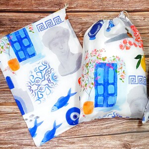 Reusable Gift Bags, Santorini , Greece Drawstring Fabric Bags - Etsy