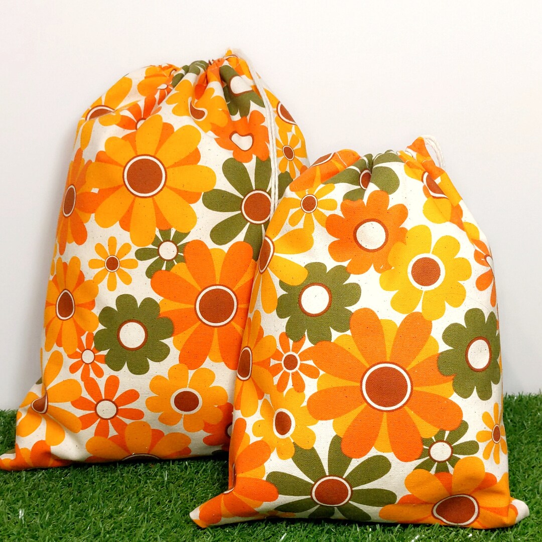Retro Orange Flower Drawstring Bags, 70s Look Gift Bags - Etsy