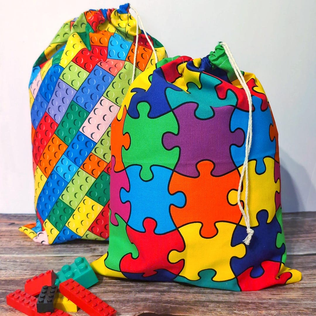 Toy Gift Bag, Fabric Drawstring Bags, Bricks and Blocks, Jigsaw Puzzle ...