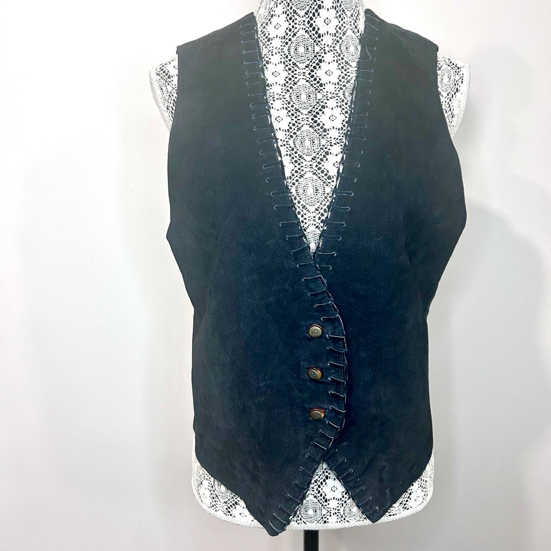 Vintage 1990s Black Suede Button Front Stitched Vest Size M - Etsy