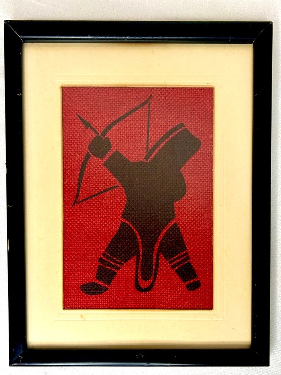 Rare Mid Century Eskimo Fishing Black Ink on Red Burlap Framed Artwork ...