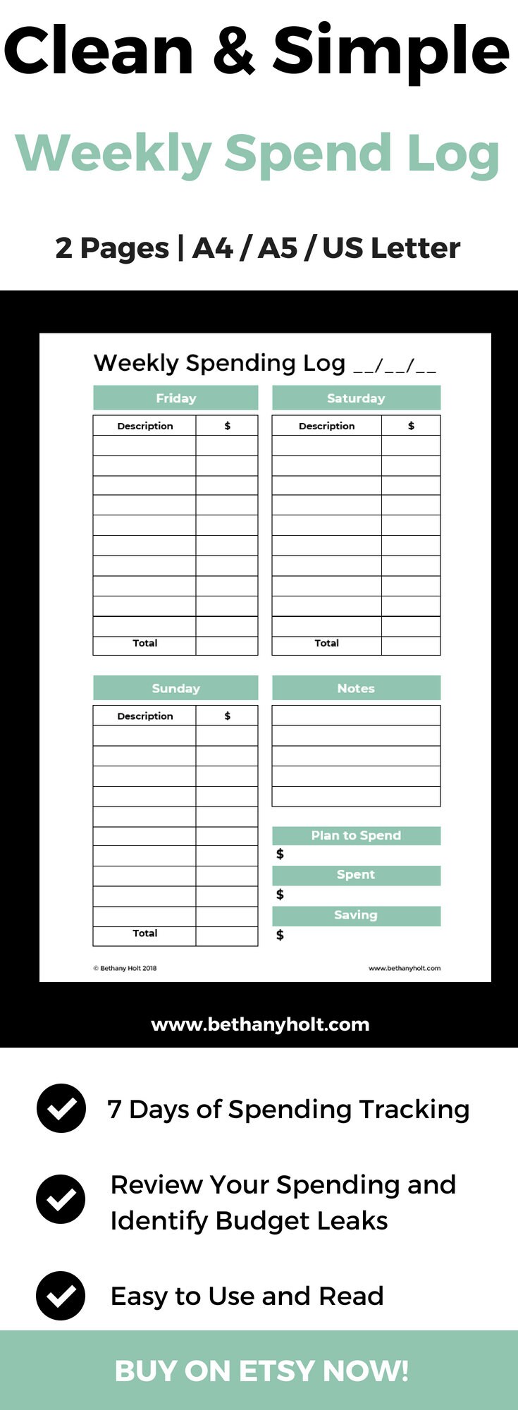 Expense Tracker, Spending Log, Spending Tracker, Weekly Budget ...