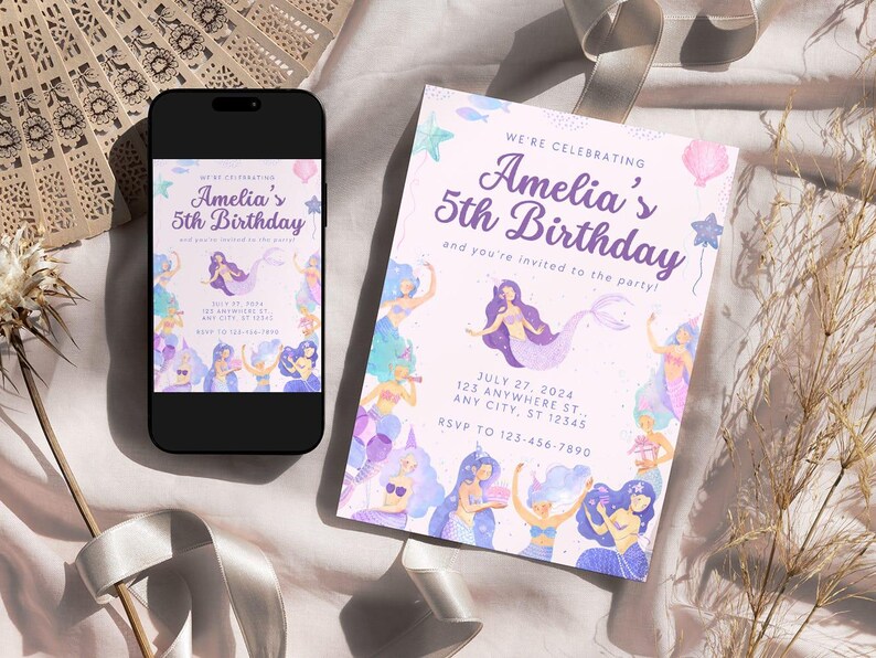 EDITABLE Mermaid Birthday Invitation Canva | Mermaid Party Customizable ...