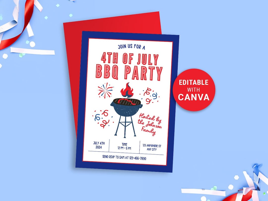 EDITABLE 4th of July BBQ Party Invitation Canva | Fourth of July ...