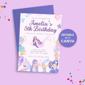 EDITABLE Mermaid Birthday Invitation Canva | Mermaid Party Customizable ...