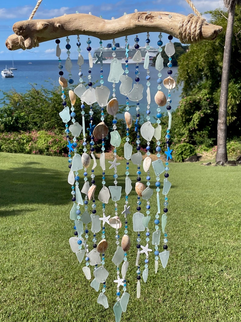 Sea Glass Sun Catcher Wind Chime / Beach Glass & Shell and Driftwood Wind Chime Tropical Decor ...