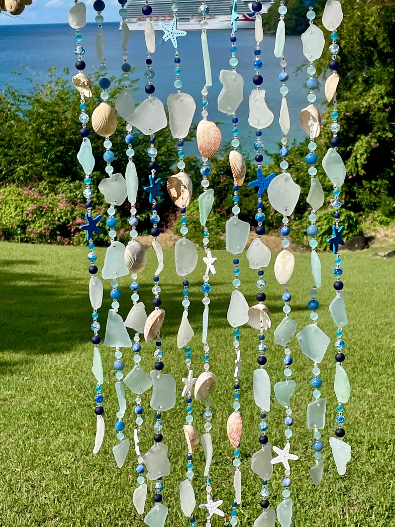 Sea Glass Sun Catcher Wind Chime / Beach Glass & Shell and Driftwood Wind Chime Tropical Decor ...