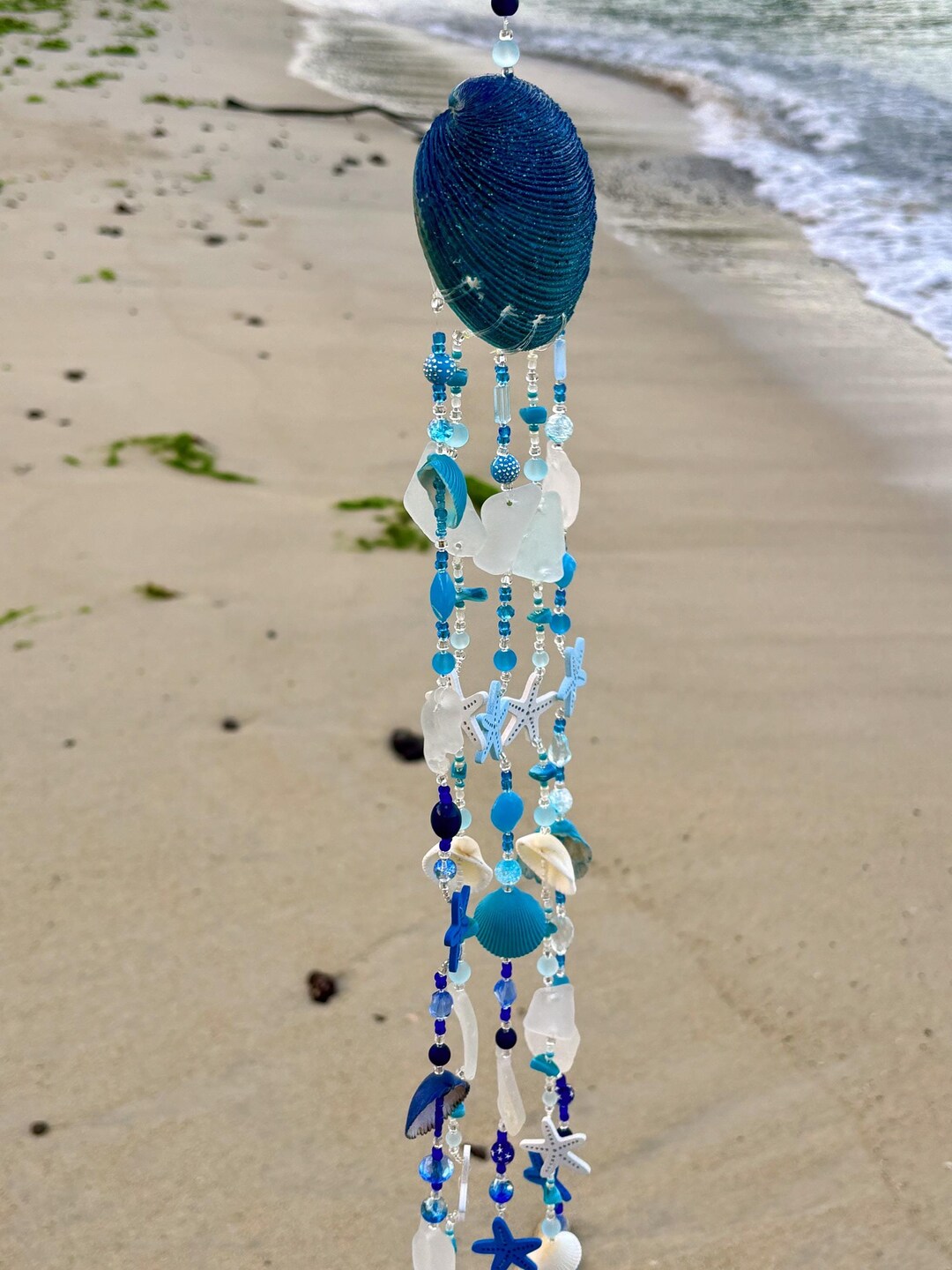 Clam Shell Wind Chime With Genuine Sea Glass, Shells, and Wooden ...