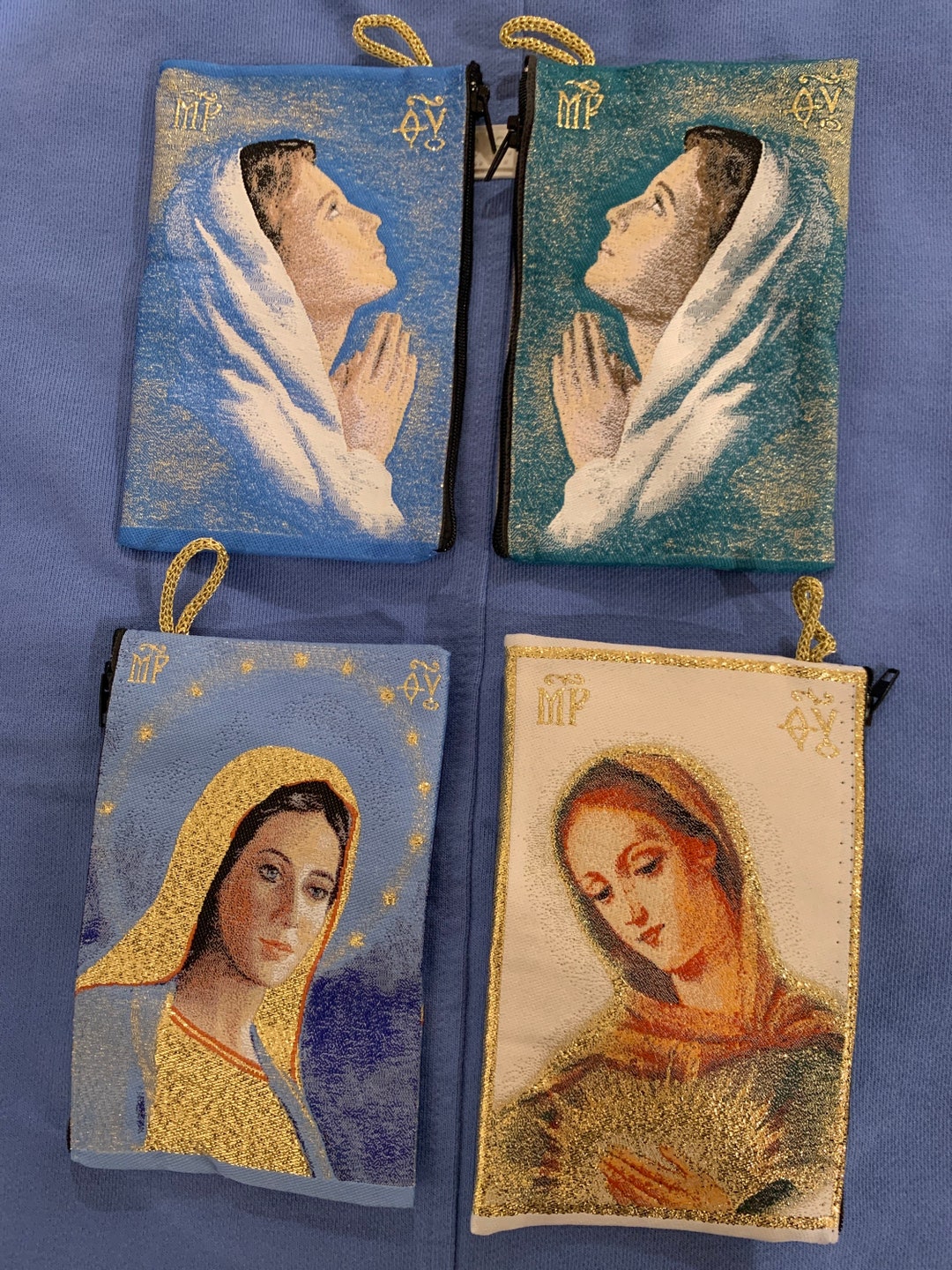 Our Lady Gold Rosary Pouch 2 Sided Zippered Icon Cloth Case Coin Bag ...