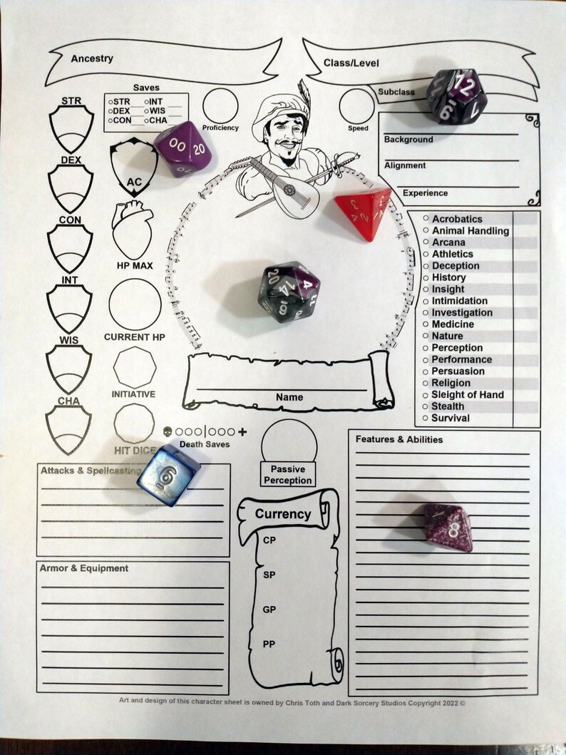 Illustrated Bard Character Sheet for Dungeons and Dragons 5e - Etsy