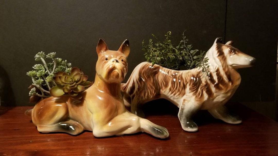 Vintage Large Dog Planter, Boxer, Collie, Flower Pot, Brown Planter ...