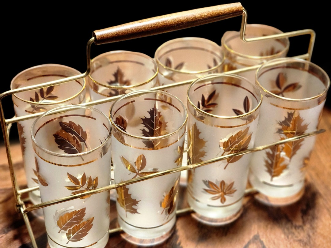 8 Vintage Frosted Gold Leaf Glasses Carrier Vintage Drinking Glasses Libbey Mid Century Etsy