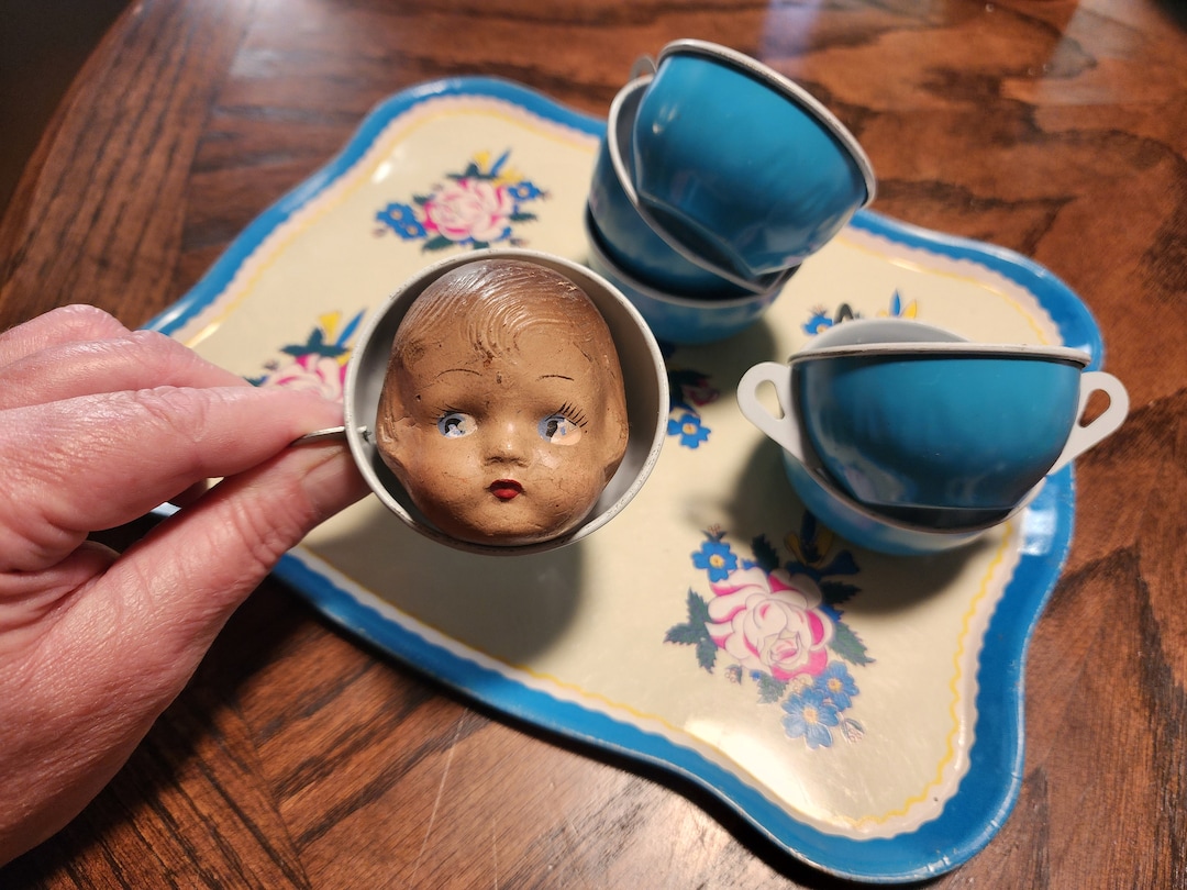 Vintage Tea Set, Child's Tea Set, Metal, Toy, Blue Pretend Play - Etsy