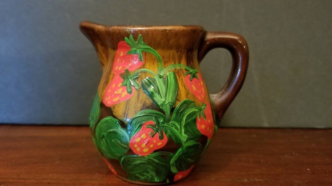 Vintage Strawberry Pottery Pitcher, Creamer, Syrup, Farmhouse, Country ...