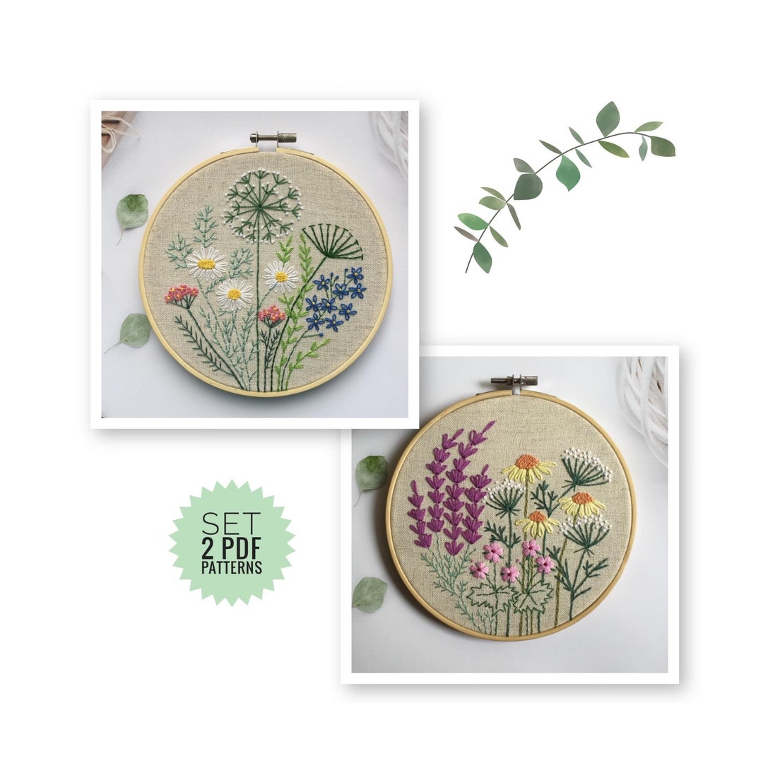 Wildflowers and Grasses Embroidery Patterns Set, Modern Floral Design ...