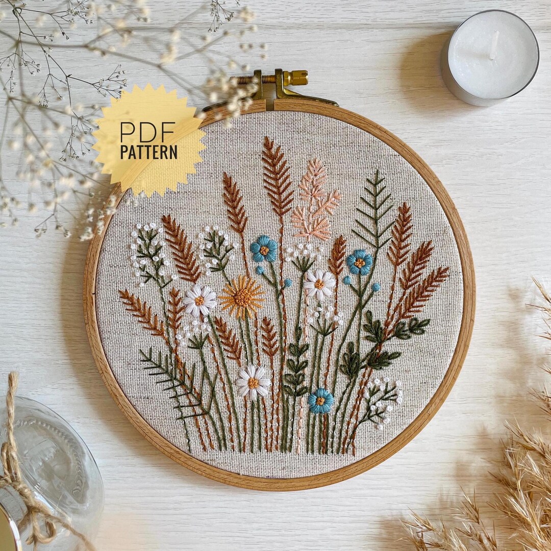 Fall Wildflowers Embroidery Pattern, Autumn Colors Flowers and Grasses ...