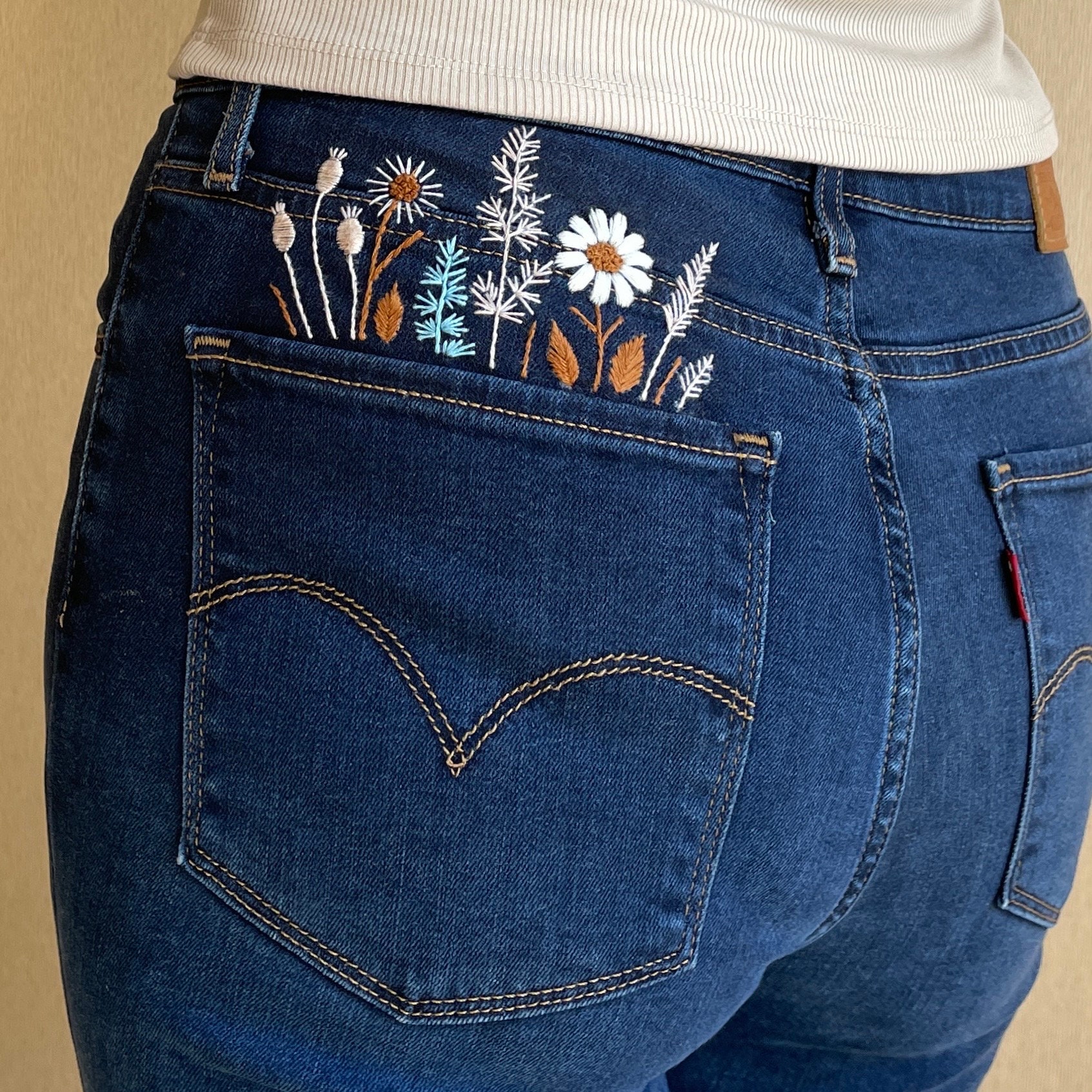 Stick and Stitch Jeans Embroidery Pattern, Boho Jeans Pocket, Denim ...