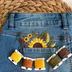 Sunflower Embroidery for Shorts Jeans Pocket, Hand Embroidered Summer Clothing Design for Denim ...