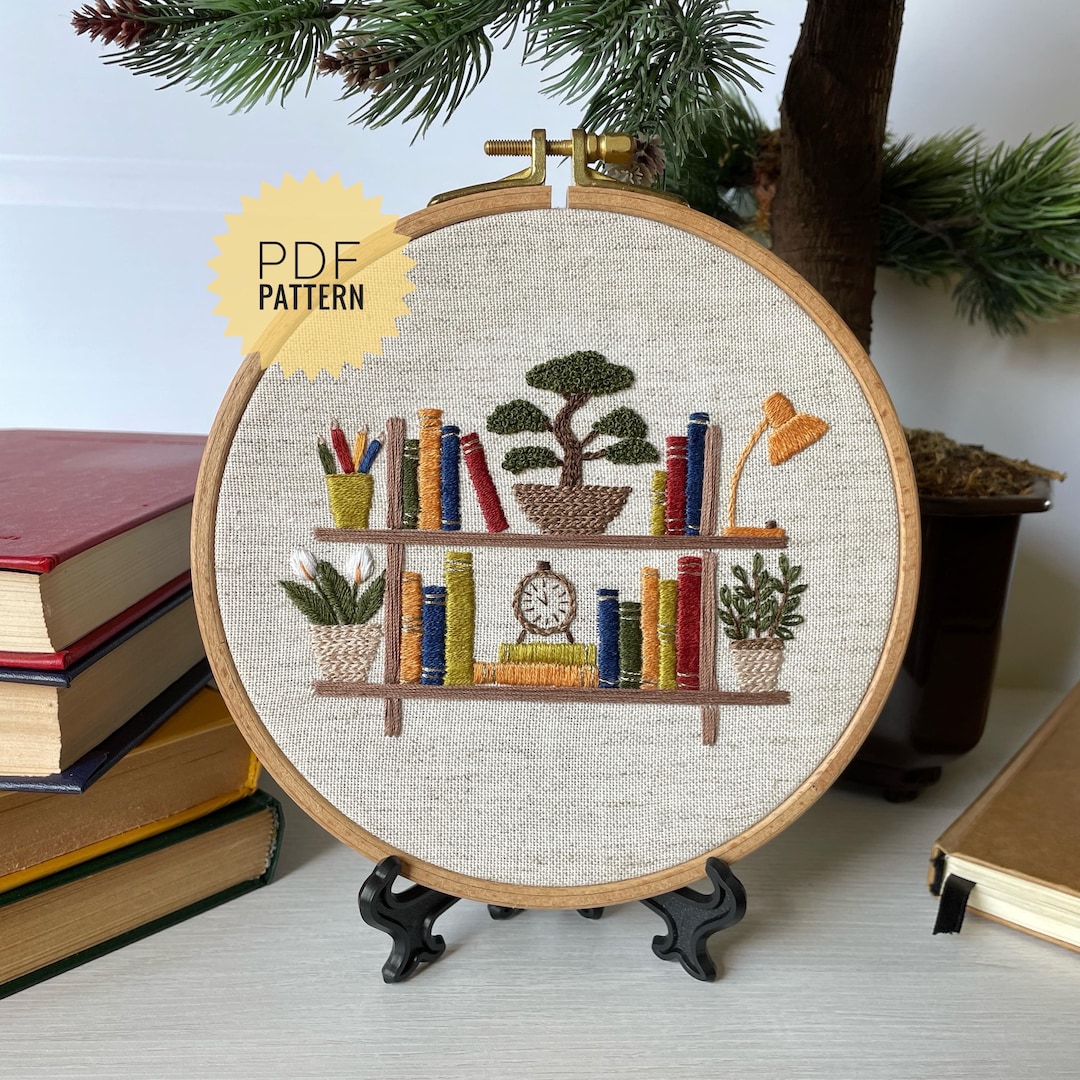 Bookshelf With Flowers Embroidery Pattern, Book Lover's Embroidery ...