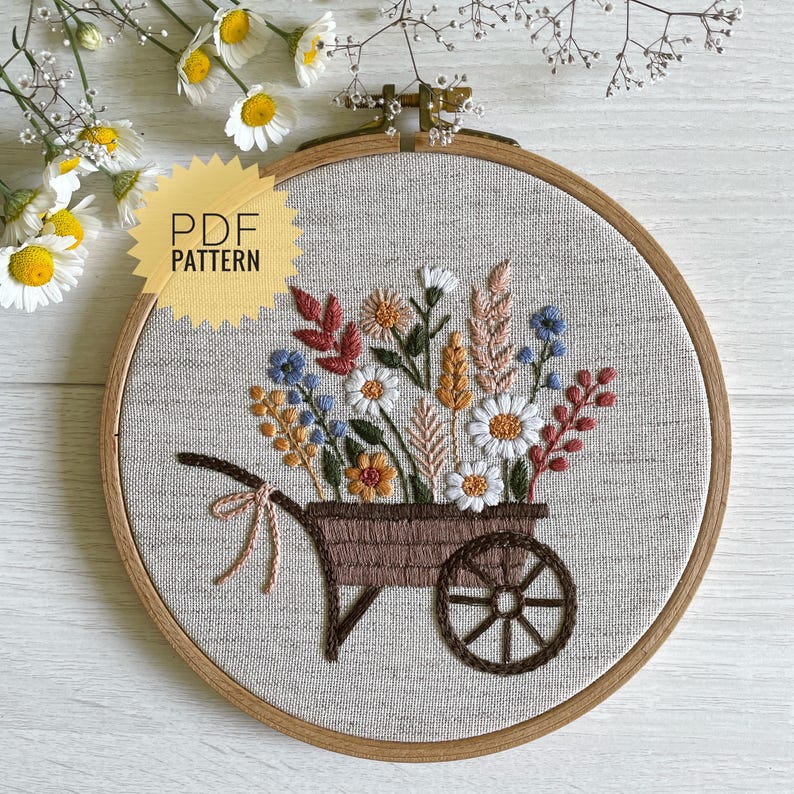 Flower Wheelbarrow Hand Embroidery Pattern, Garden Floral Cart Design ...