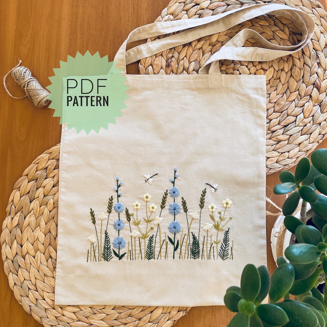 Botanical Embroidery Tote Bag Pattern, Shopper Bag Design, DIY ...