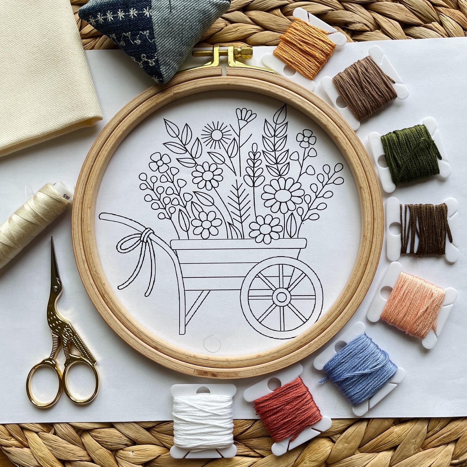 Flower Wheelbarrow Hand Embroidery Pattern, Garden Floral Cart Design ...