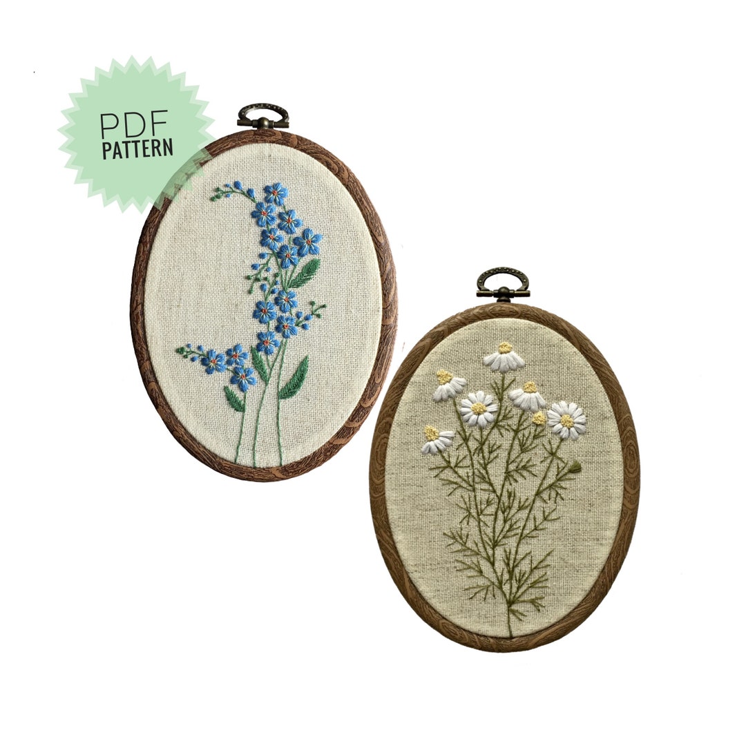Set of 2 Oval Botanical Hand Embroidery Designs, Wildflower Embroidery ...