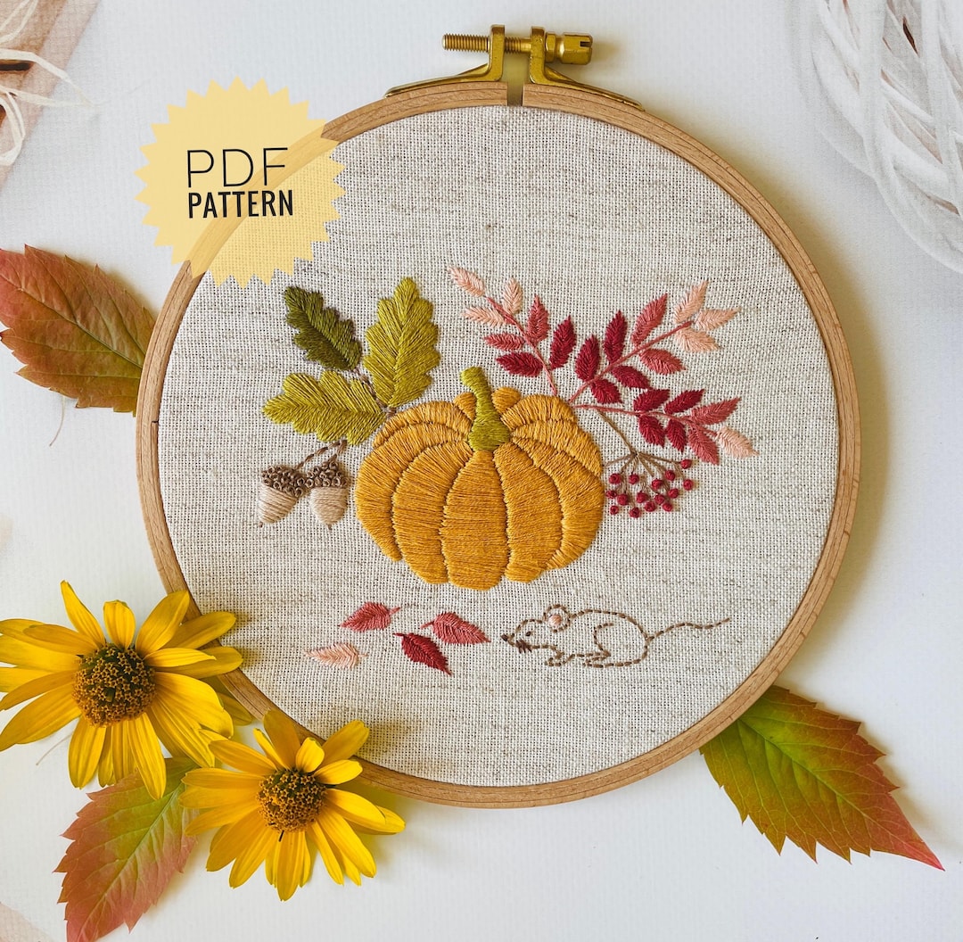 Pumpkin With Fall Leaves Embroidery Pattern, Autumn Palette Craft, Fall ...