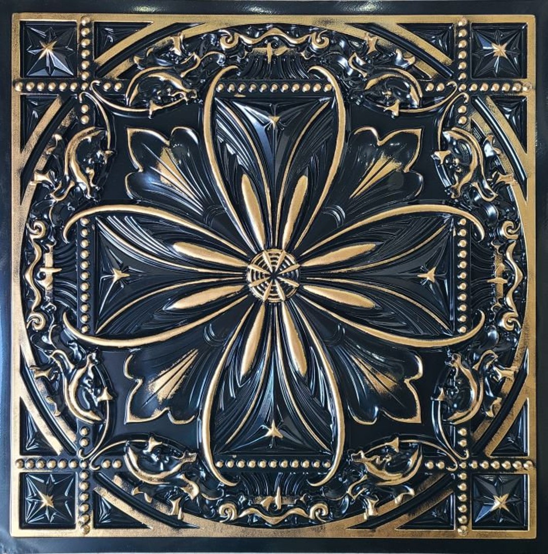 Decorative Faux Tin Ceiling Tiles in Glossy Black and Gold for Dropped ...