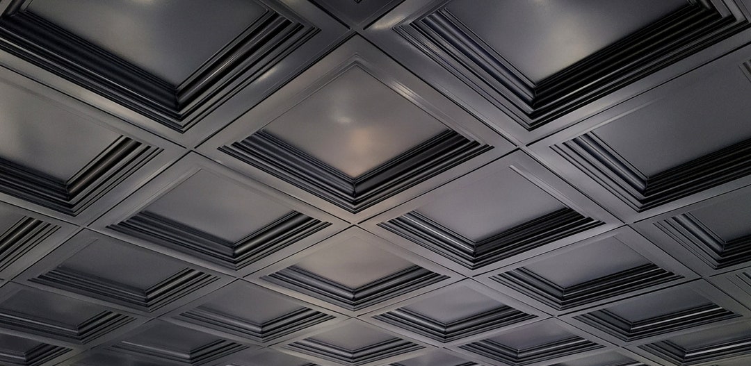 Sample of Coffered Faux Tin Decorative Ceiling Tile in Black Matte ...