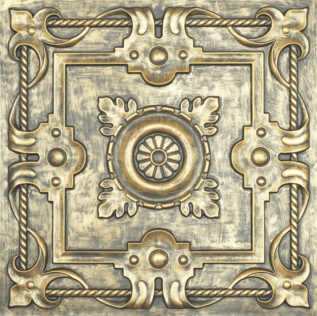 Medieval Metallic Design Faux Tin Ceiling Tile TD29 2' X 2' glue up or ...